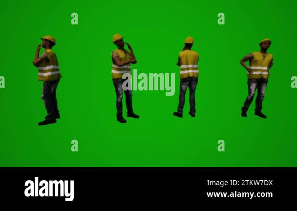 3D several different factory workers green screen background talking ...