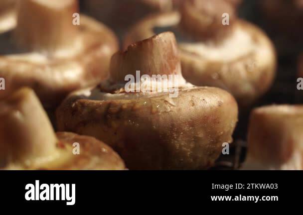 Grilling champignon mushrooms on BBQ grill close up view. Healthy ...