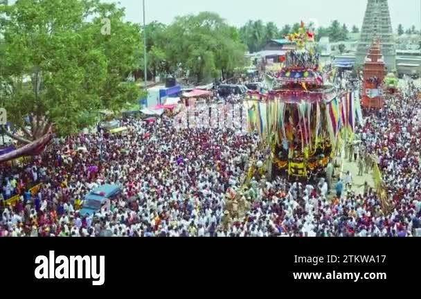 An aerial view of the chariot procession and celebration of a Hindu ...