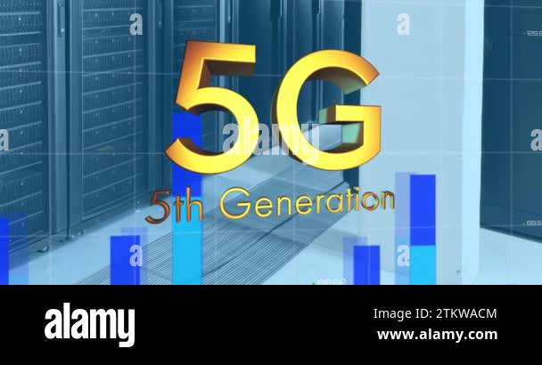 Animation of 5g, 5th generation text with graphs, changing numbers, map over data server room ...