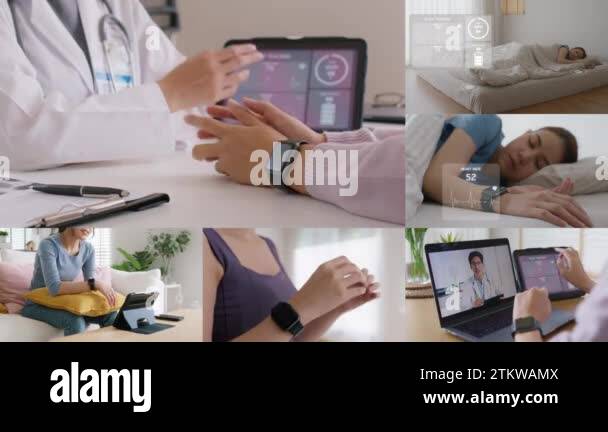 Mosaic screen of AI wrist smart watch internet of things IOT medtech device. Healthcare ...