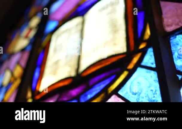 Stained glass windows with Bible scriptures represented. Christian ...