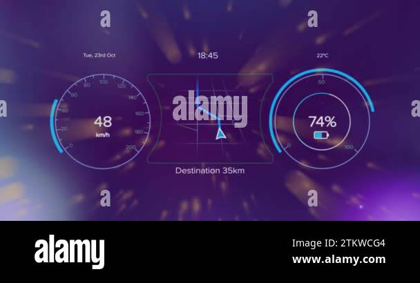 Animation of numbers in speedometer, map texture, arrow and loading circles on abstract ...