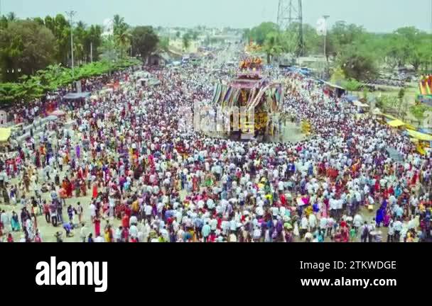 An aerial view of the chariot procession and celebration of a Hindu ...