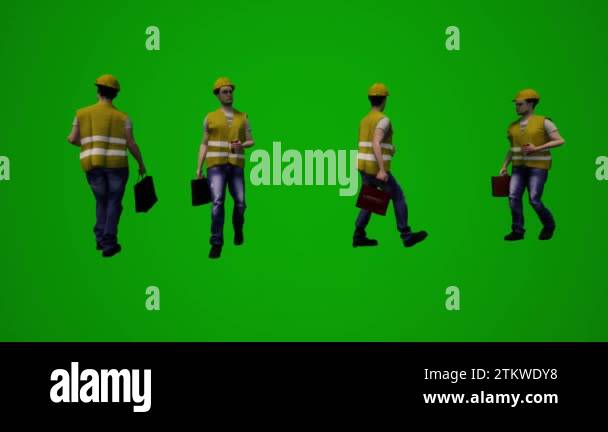 3D several architects and construction workers green screen walking and ...