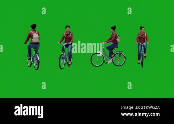 3D girl tourist riding bike green screen with 4 different views 3D girl ...