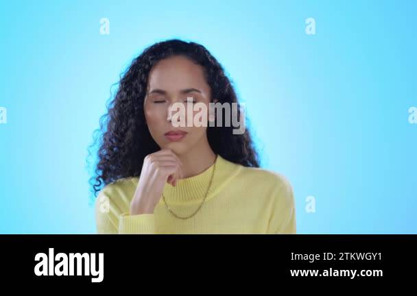 Thinking, idea and woman in studio with agreement, choice or options ...