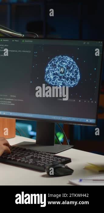 Vertical video Arab admin using computer to visualize artificial intelligence neural networks ...