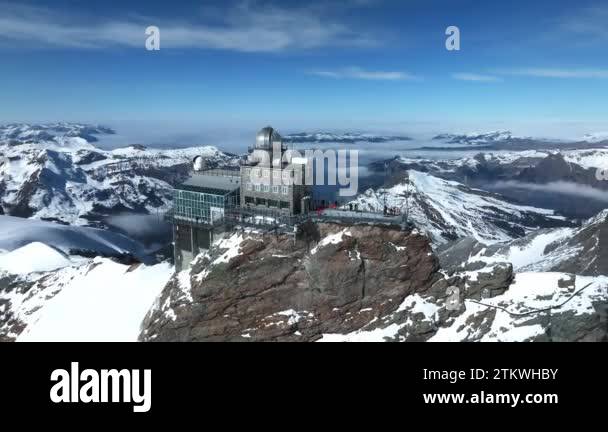 Aerial panorama view of the Sphinx Observatory on Jungfraujoch - Top of Europe, one of the ...
