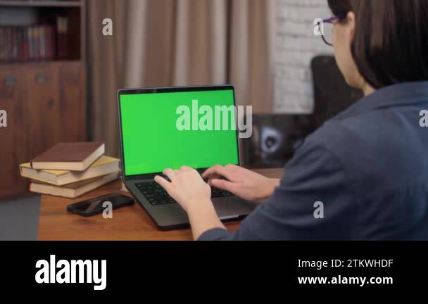 Girl Typing on Keyboard Laptop with Green Screen Mock-up. Close Up ...