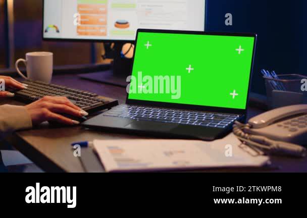 Executive agent analyzing green screen on laptop, sitting at desk ...