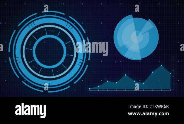 Animation of interface with spinning round scanners and data processing ...