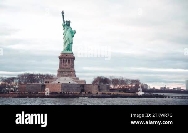 The Statue of Liberty as seen from a moving boat on the Hudson River ...