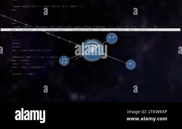 Animation of moving lines, connected icons over computer language against abstract background ...