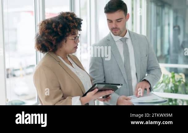 Teamwork, tablet and documents with business people in office for project management, review or ...