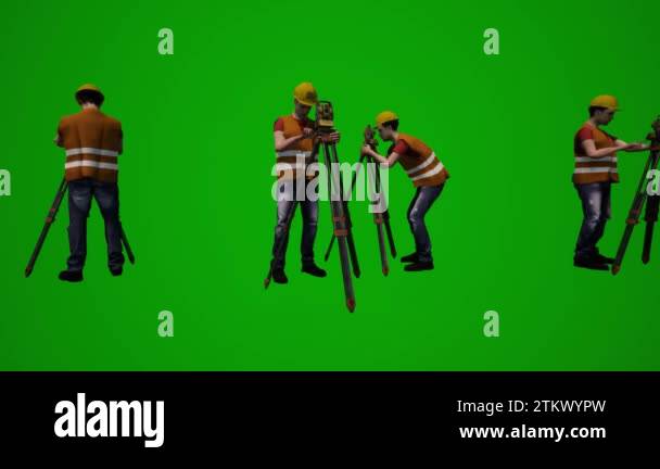 3D several architects and construction workers green screen walking and ...