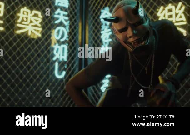 Low angle of young Black man with white hair in mask of demon dancing ...