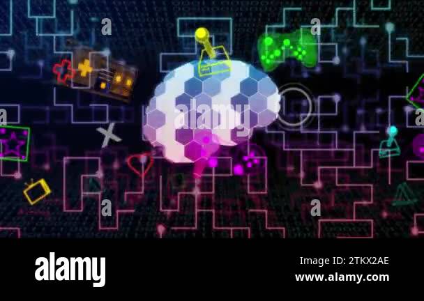 Animation of human digital brain, video game icons and data processing over circuit board ...