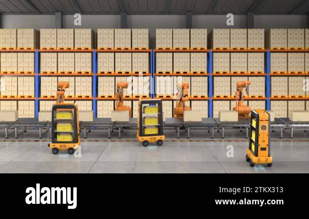 Automation factory or cargo concept with robot arms and warehouse ...