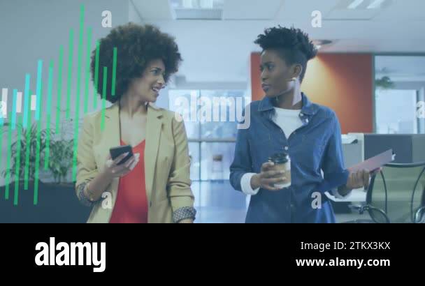 Animation of graphs, diverse female coworkers discussing while drinking coffee and using ...