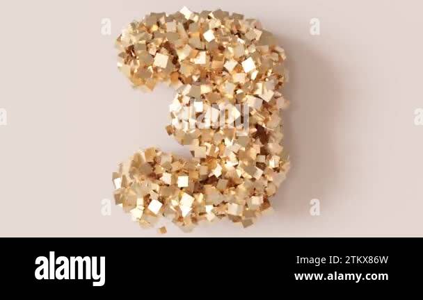 Golden, animated number three on beige background. Sparkling symbol 3 ...