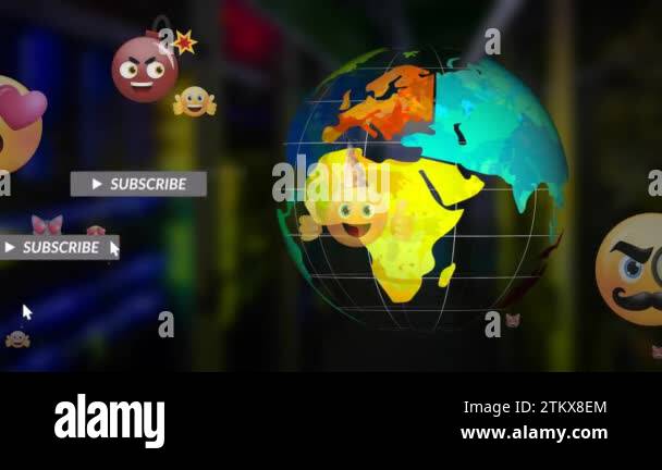 Animation of social media text over emoji icons and globe. Social media ...