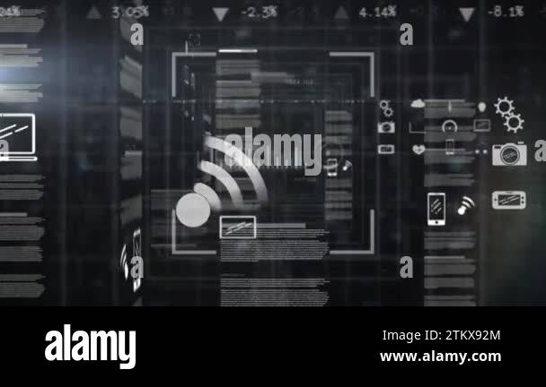 Animation of scope scanning over screens with data processing against black background. Computer ...