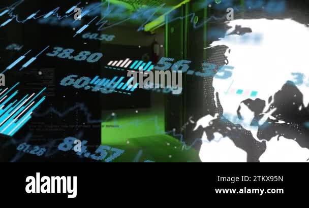 Animation of multiple graphs, rotating globe and trading board over data server room. Digital ...
