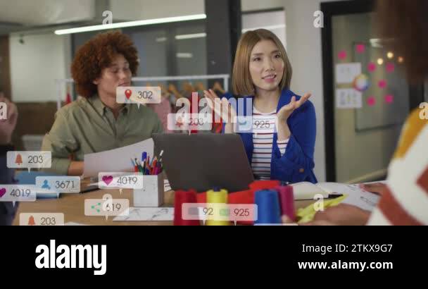 Animation of multiple notification bars over diverse female designer ...