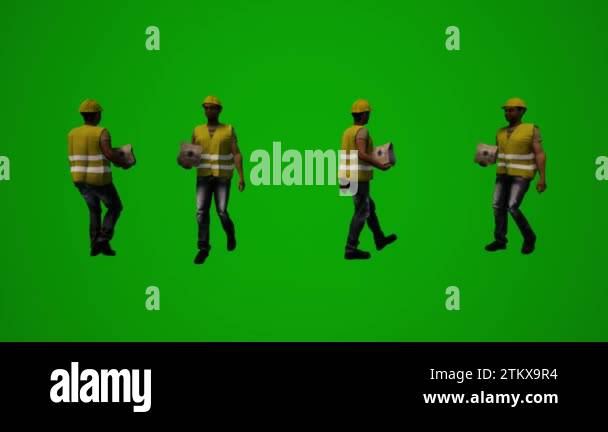 3D several architects and construction workers green screen walking and ...
