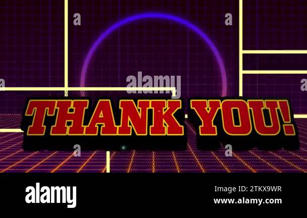 Animation of thank you text over neon circle and metaverse background ...