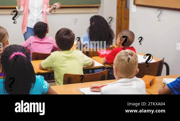 Animation of question mark symbols against caucasian female teacher ...