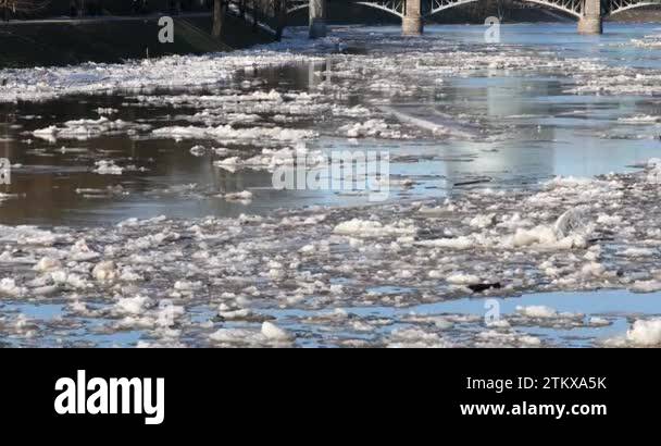 Ice Drift In Vilnius, Lithuania. River Neris. Ice floes float on the ...