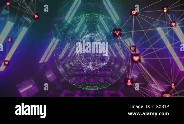Animation of connected icons and dots forming globes over triangular ...