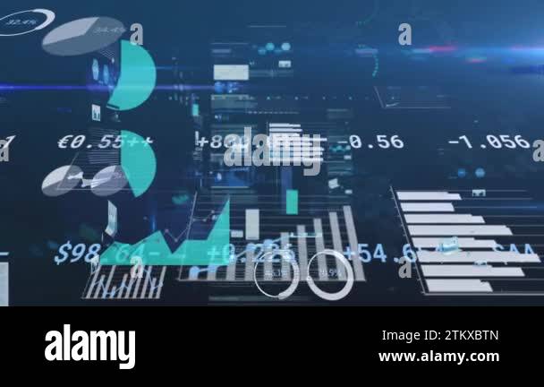 Animation of trading board over multiple graphs, loading circles against blue background ...