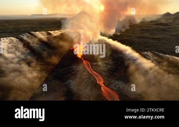 Drone aerial video of Iceland Volcanic eruption 2023. The volcano Litli ...