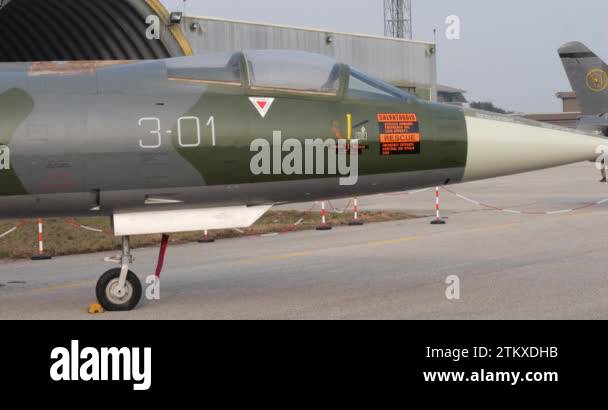 Nose and cockpit of a parked 1960s NATO supersonic interceptor fighter ...