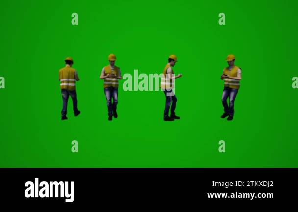 3D several architects and construction workers green screen walking and ...