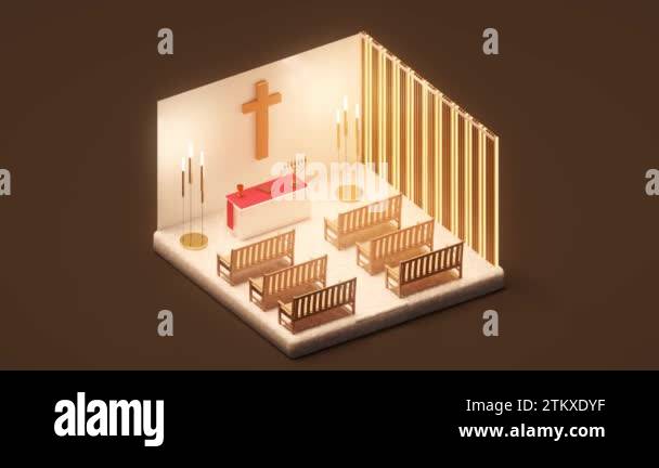 3d animation loop of isometric view of interior of church prayer hall ...