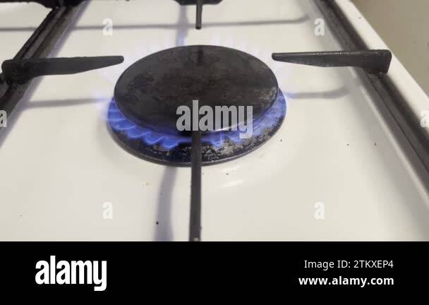 Kitchen Burner Blue Gas Fire Of Stove. Light Gas Cooker. Chef Cooking ...