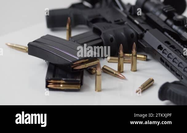 Black iron modern army military machine gun and cartridges, small arms ...