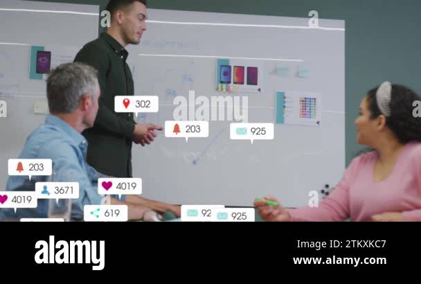 Animation of notification bars over diverse man explaining product ...