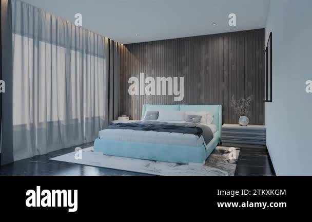 Modern Luxury Bedroom Animation with powder blue Color. 3D Illustration ...