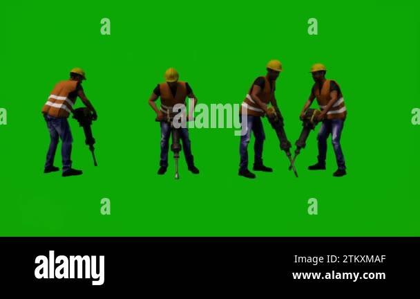 3D several architects and construction workers green screen walking and ...