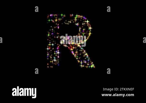 English alphabet R with colorful glitter sparkles on plain black ...