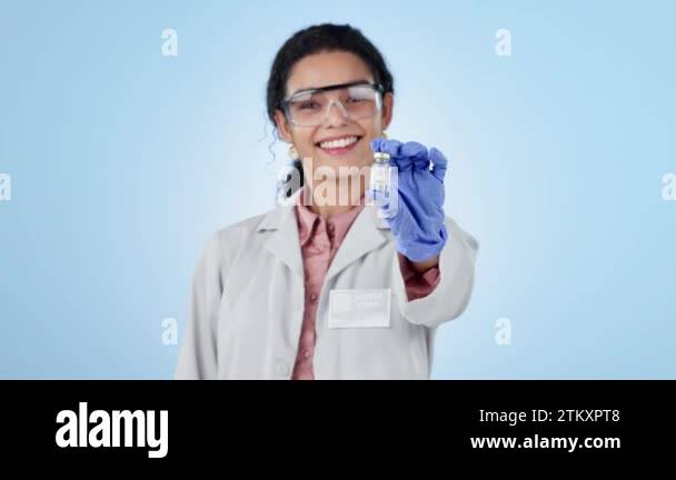 Women, scientist and pointing for test bottle, studio and chemicals ...