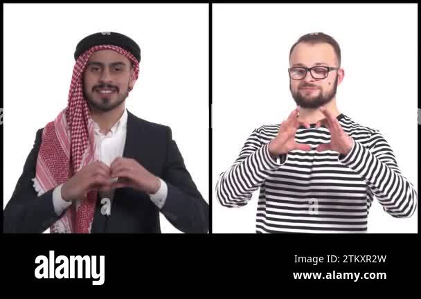 Vertical collage of a two handsome young men putting hands in heart ...