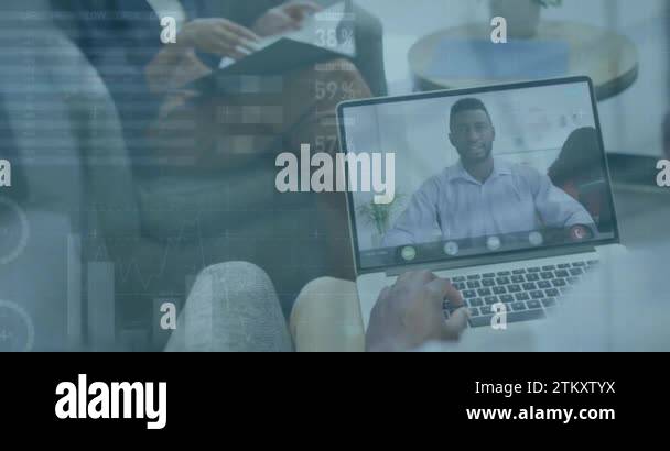 Animation of infographic interface and african american colleagues ...