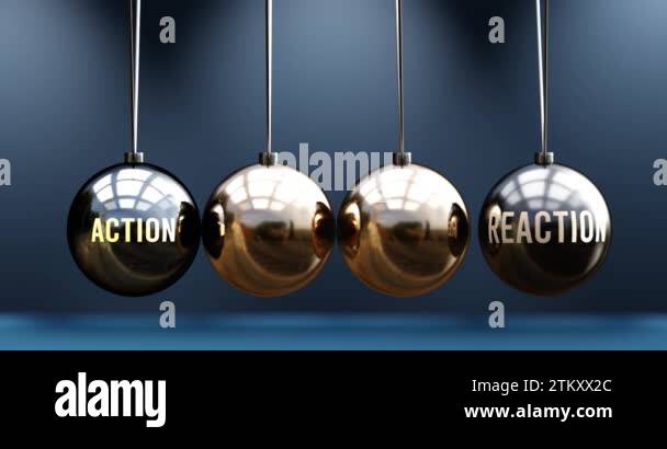 Action leads to reaction. A Newton cradle metaphor in which action gives power to set reaction ...