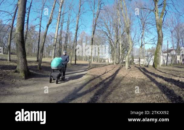 father man push blue baby carriage in spring park tree alley. 4K Stock ...